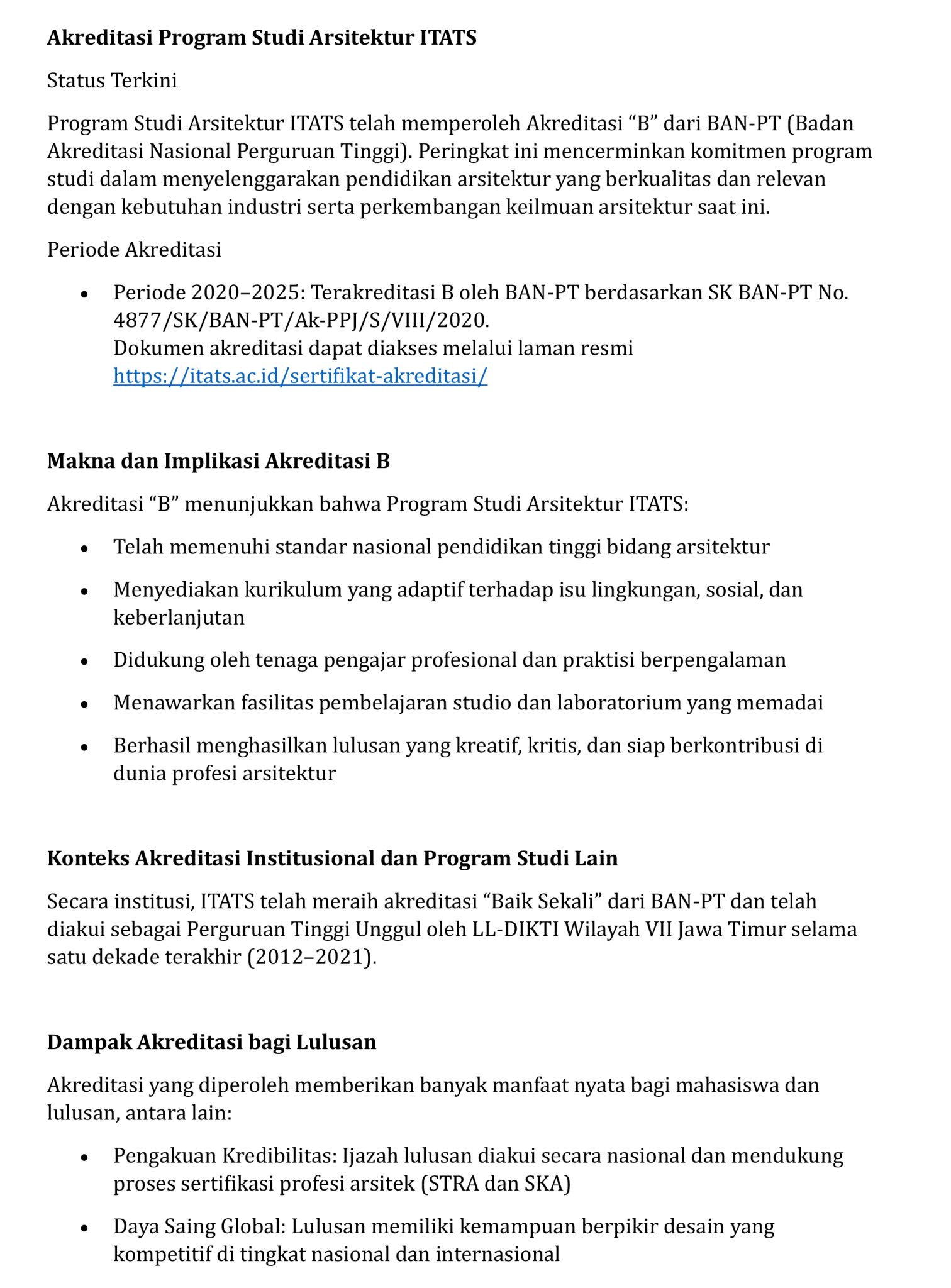 Akreditasi – Program Studi Arsitektur ITATS