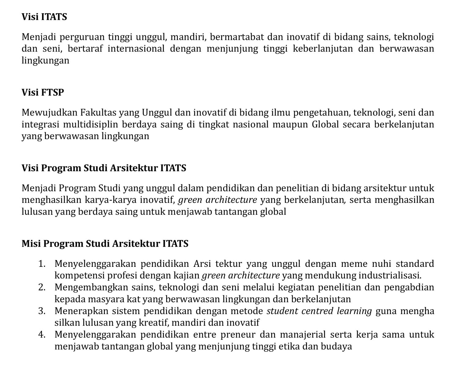 Visi dan Misi – Program Studi Arsitektur ITATS